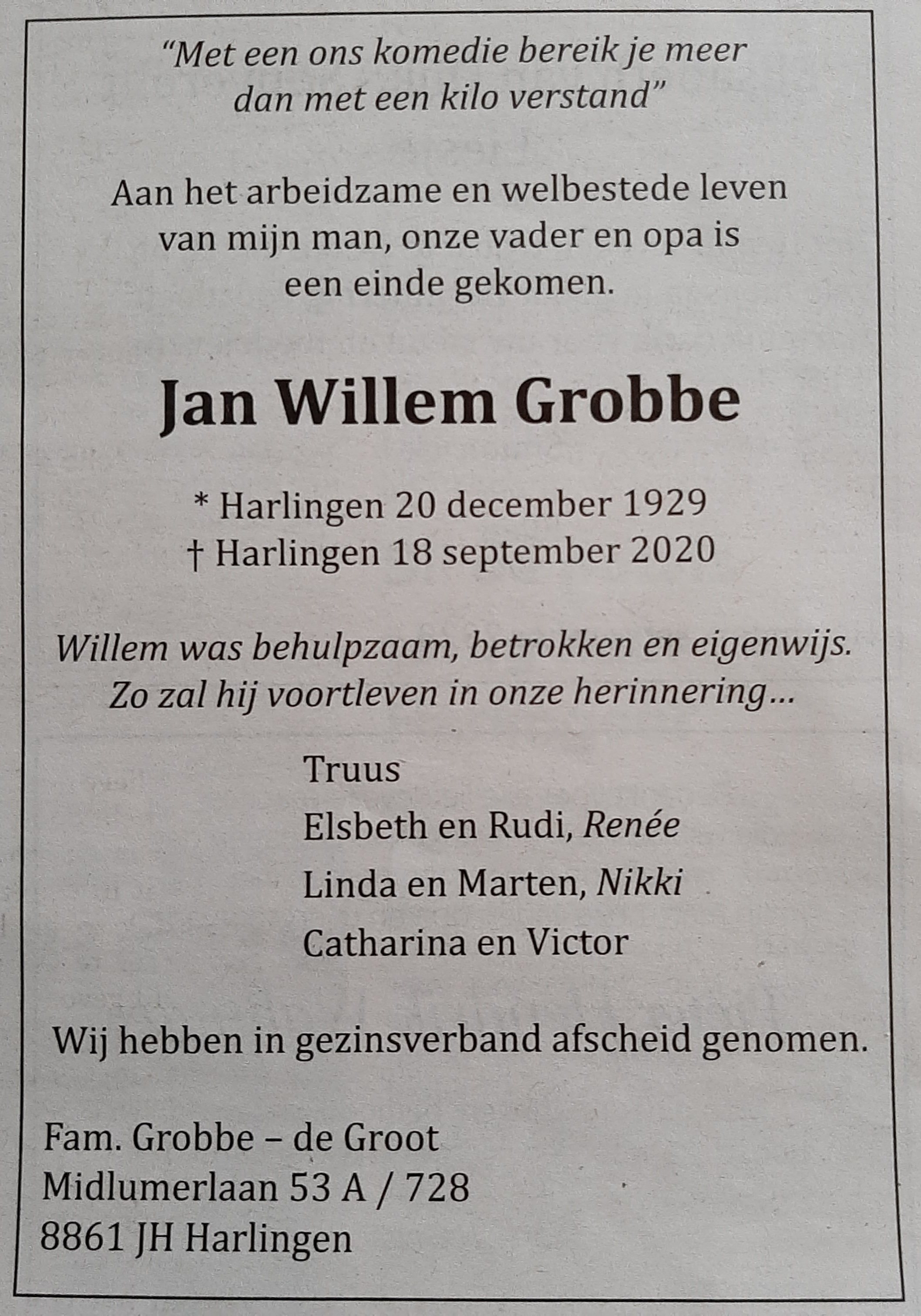 Documenten: Overlijdensadvertentie Jan Willem Grobbe in de Harlinger ...